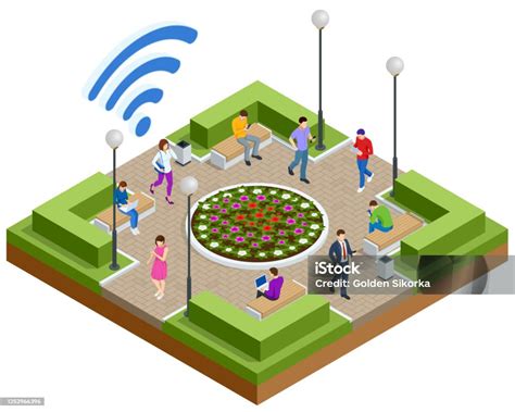 공원이나 캠퍼스 와이파이 존에서 Isometric 무료 Wifi 간판 거리에서 무선 인터넷 표지판 공원에서 노트북과 태블릿 Pc 컴퓨터를 가진 여성과 남성 단체에 대한 스톡