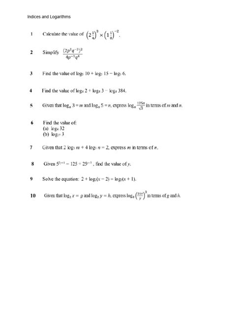 Indices And Logarithms Pdf