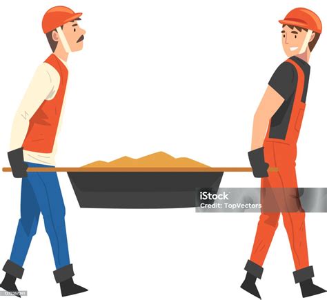 모래를 들고 건설 노동자 유니폼과 보호 헬멧 건물 하우스 만화 벡터 일러스트를 입고 남성 빌더 캐릭터 건설 산업에 대한 스톡 벡터 아트 및 기타 이미지 Istock