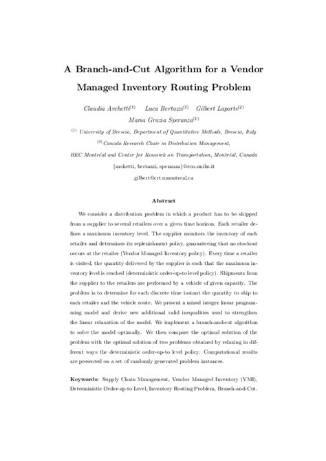 Pdf A Branch And Cut Algorithm For A Vendor Managed Inventory Routing Problem