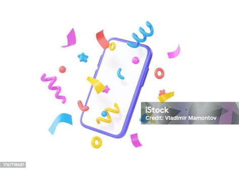 색종이 3d 전화 파티 축하 만화 렌더링 그림 우승자를 위한 생일 테이프가 있는 귀여운 스마트폰 0명에 대한 스톡 벡터 아트 및