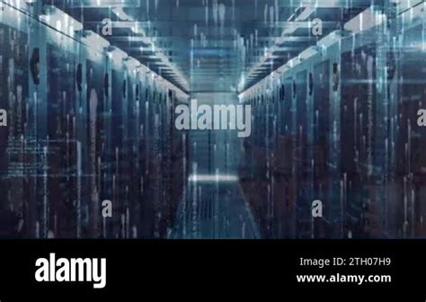 animation of binary codes and computer language over data server racks