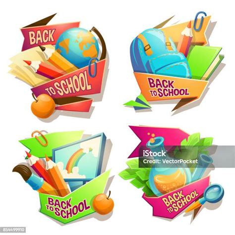 벡터 만화 그림 배지 스티커 엠 블 럼 학 용품의 착 색 된 아이콘의 집합 책가방 숄더 백에 대한 스톡 벡터 아트 및 기타 이미지 책가방 숄더 백 가방 개념 Istock