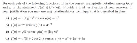 Solved For Each Pair Of The Following Functions Fill In The Chegg