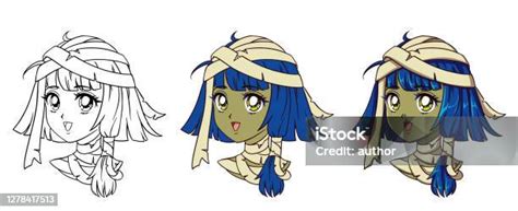 귀여운 애니메이션 미라 소녀 초상화 세 가지 버전 윤곽 플랫 컬러 셀 차도 만화 스타일에 대한 스톡 벡터 아트 및 기타 이미지 만화 스타일 소녀 섬뜩한 Istock