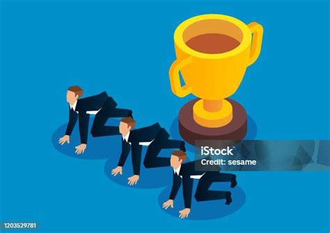 트로피를 놓고 경쟁하는 세 명의 사업가들이 출발선에서 경주를 펼치고 있습니다 트로피에 대한 스톡 벡터 아트 및 기타 이미지 트로피 등측투영법 기업 비즈니스 Istock