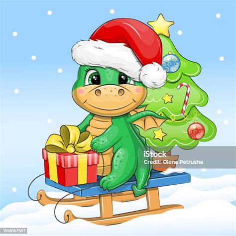 빨간 선물과 썰매에 크리스마스 트리가 있는 산타 모자를 쓴 귀여운 만화 녹색 용 2024년에 대한 스톡 벡터 아트 및 기타