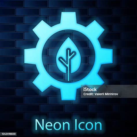 벽돌 벽 배경에 고립 된 기어 기계 아이콘에 빛나는 네온 잎 식물 생태 친환경 기술 세계 환경의 날 라벨 벡터 개념에 대한 스톡 벡터 아트 및 기타 이미지 Istock