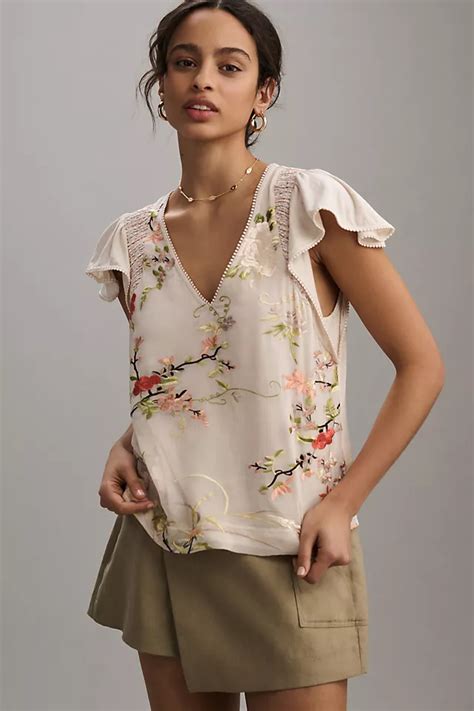 Tiny Flutter Sleeve Embroidered Top Anthropologie