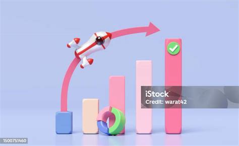 로켓 체크 표시 분석 비즈니스 재무 데이터 보라색 배경에 격리된 온라인 마케팅이 있는 3d 차트 및 그래프 비즈니스 성장 전략