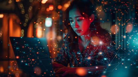 A Woman Working On Her Laptop Digital Network Visualization Premium