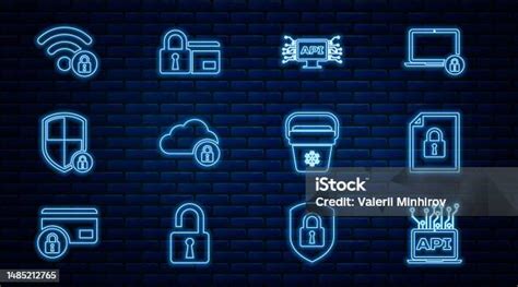 라인 컴퓨터 Api 인터페이스 문서 및 잠금 클라우드 컴퓨팅 방패 보안 Wifi 잠금 쿨러 백 및 신용 카드 아이콘을 설정합니다 벡터 아이콘에 대한 스톡 벡터 아트 및 기타