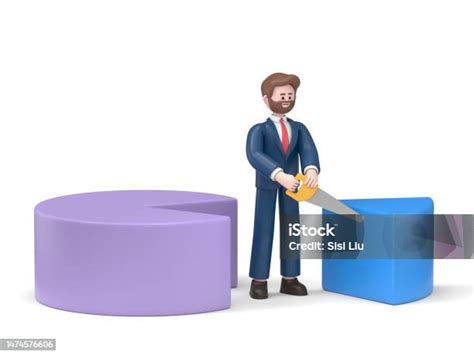 웃고 있는 수염을 기른 미국 사업가 밥이 원형 차트 조각을 잘라내3d 흰색 배경에 렌더링하는 3d 그림 가공의 인물에 대한 스톡 사진 및 기타 이미지 Istock