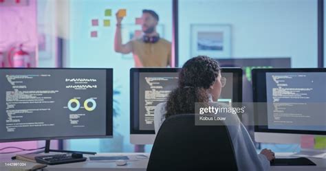 Coding Programmer And It With Woman At Computer For Data Science Software Development And