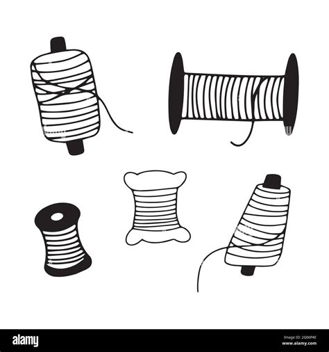 Set Of Spools Of Thread For Sewing Black And White Vector Illustration