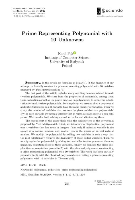 Pdf Prime Representing Polynomial With 10 Unknowns
