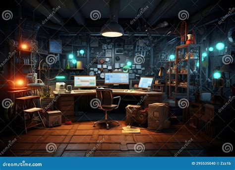 Messy And Dark Cyberpunk Hacker Hideout Room Neural Network Generated