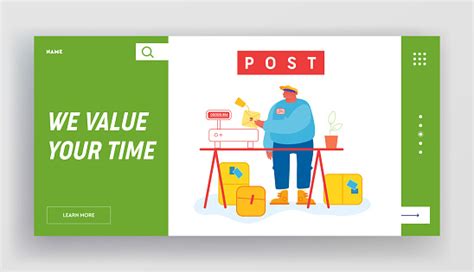 우체국 웹사이트 방문 페이지 창고에서 노동자는 무게를위한 저울에 판지 소포 상자를 넣어 창고 및 저장 서비스 상품 배포 웹 페이지 배너입니다 만화 플랫 벡터 일러스트 개념에