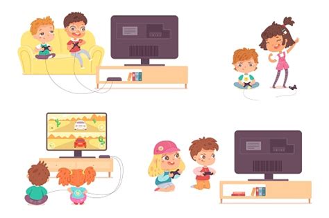Tv 세트에서 비디오 게임을하는 아이들 콘솔을 들고 손에 조이스틱 비디오 게임을 행복한 소년과 소녀 기술 벡터 일러스트와 가정에서 엔터테인먼트 비디오 게임에 대한 스톡 벡터