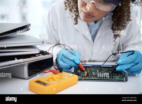 Computer Hardware Diagnostic And Black Woman Electrician Working On Electronic Cpu Circuit And