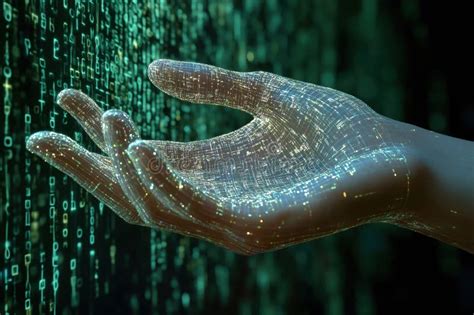 digital hand reaching out glowing binary code background futuristic technology concept data