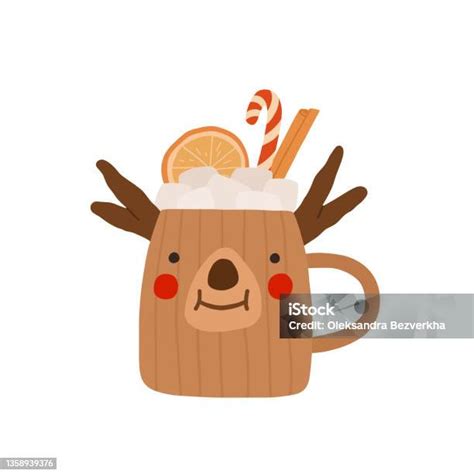 사탕 지팡이 계피 스틱 마시멜로와 핫 초콜릿 또는 코코아 컵 크리스마스 인사말 카드 디자인 요소 플랫 만화 벡터 일러스트레이션