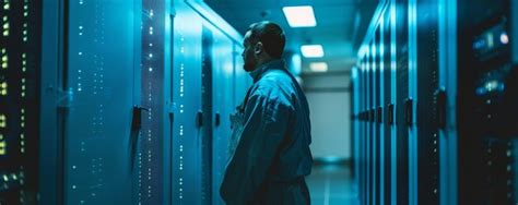 Technician In Data Center Server Room With Blue Lighting Monitoring Network Equipment And