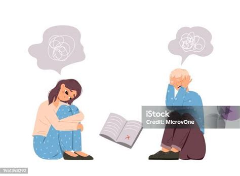 학습 어려움 혼란스러운 생각과 나쁜 시험 점수를 가진 슬픈 피곤한 십대 캐릭터 학생 불행 만화 플랫 십대 교육 벡터 개념 감정에 대한 스톡 벡터 아트 및 기타 이미지