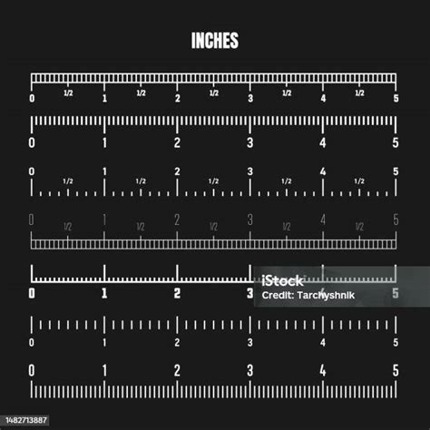 길이 또는 높이를 측정하기위한 사실적인 흰색 인치 스케일 분할이 있는 다양한 측정 스케일 눈금자 테이프 측정 표시 크기 표시기
