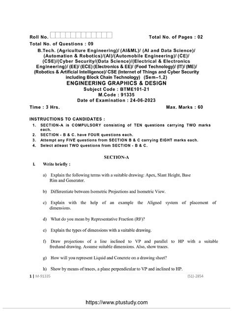 Btech 1 Sem 2 Sem Engineering Graphics And Design 91335 Jun 2023 Pdf