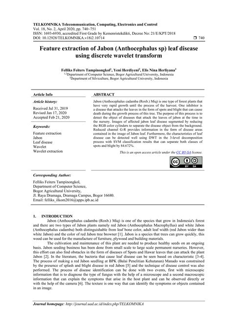 Feature Extraction Of Jabon Anthocephalus Sp Leaf Disease Using