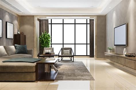 좋은 디자인 가죽 소파가 있는 3d 렌더링 고급스럽고 현대적인 거실 프리미엄 사진