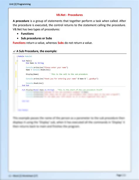 SOLUTION Ict L1 B2 U2 Worksheet No 27 Vb Net Sub Procedure And