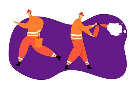 구조 장비와 소방 관 문자 소방 소방 방재 컨셉 소화기와 양동이와 헬멧에 소방 관 벡터 평면 그림 개념에 대한 스톡 벡터 아트 및 기타 이미지 Istock