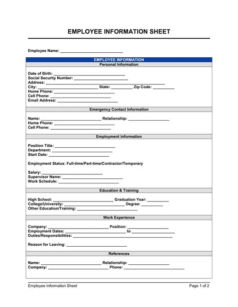 Employee Information Sheet Template Word And Pdf Free Trial