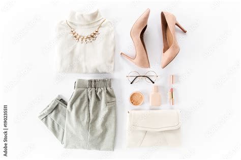 Woman Clothes And Accessories Set On White Background Top View Modern