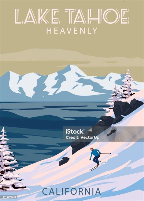 스키 여행 리조트 포스터 빈티지 레이크 타호 캘리포니아 미국 겨울 풍경 여행 카드 고풍스런에 대한 스톡 벡터 아트 및 기타 이미지 고풍스런 복고풍 스키 Istock