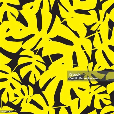 검은색 바탕에 노란 잎 야자수의 원활한 벡터 배경 여름 열 대 디자인입니다 섬유 교감입니다 0명에 대한 스톡 벡터 아트 및 기타 이미지 Istock