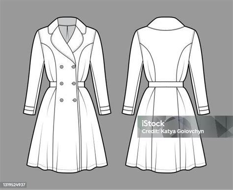 더블 브레스트 긴 소매 무릎 길이 세미 원형 스커트 드레스 코트 트렌치 테크니컬 패션 일러스트 0명에 대한 스톡 벡터 아트 및 기타 이미지 Istock