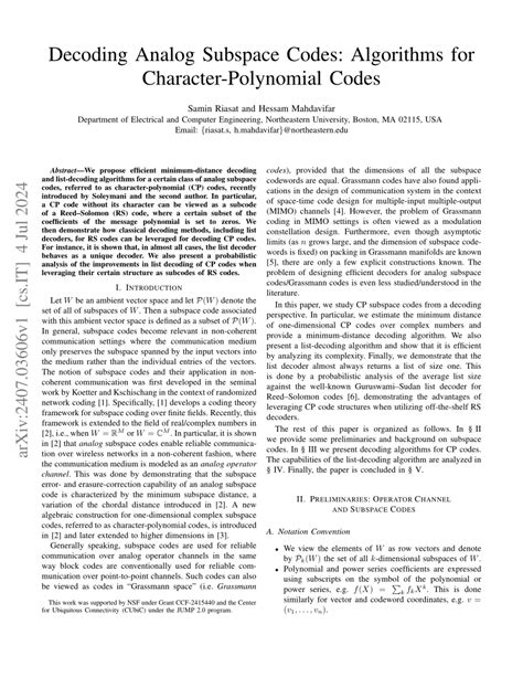 Pdf Decoding Analog Subspace Codes Algorithms For Character Polynomial Codes
