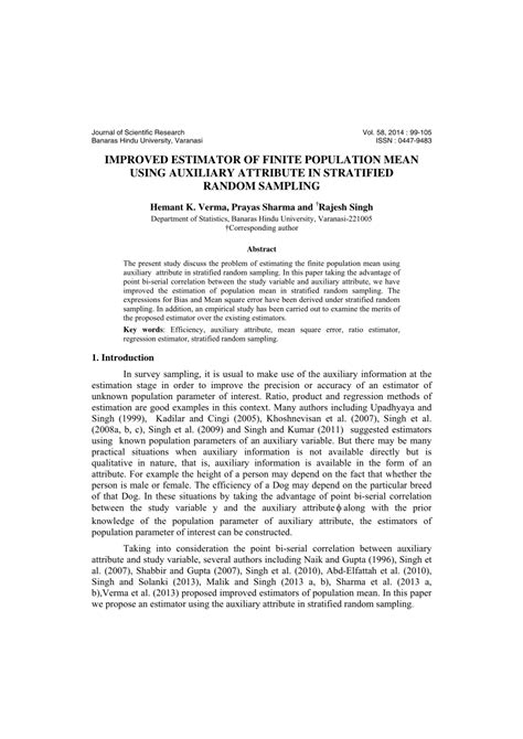 Pdf Improved Estimator Of Finite Population Mean Using Auxiliary Attribute In Stratified