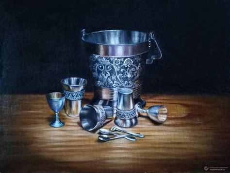 Картина «Натюрморт с металлической посудой Холст на картоне Масло 2022 г