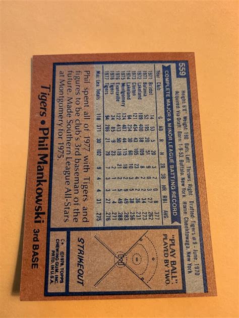 559 Phil Mankowski Detroit Tigers 1978 Topps Baseball Card Cb16 Ebay