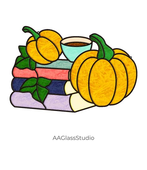 Stained Glass Halloween Design With Pumpkins And Books