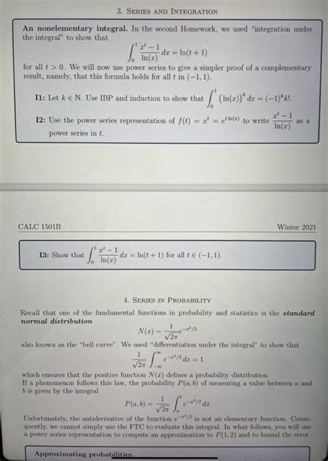 Solved 3 Series And Integration An Nonelementary Integral