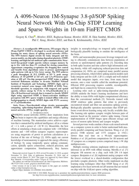A 4096 Neuron 1m Synapse 38 Pj Sop Spiking Neural Network With On Chip Stdp Learning And Sparse