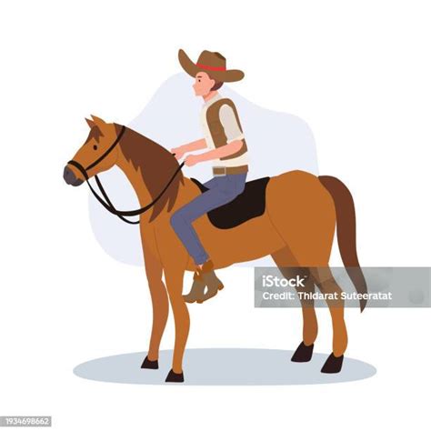 말을 타고 있는 모자를 쓴 카우보이 플랫 벡터 만화 캐릭터 일러스트 개척시대의 서부에 대한 스톡 벡터 아트 및 기타 이미지 개척시대의 서부 결심 긍정적인 감정 표현