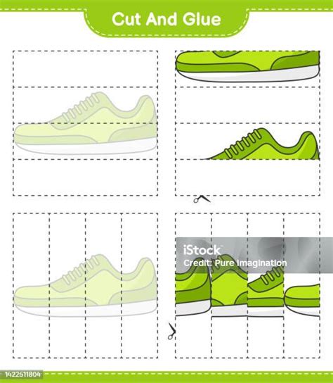 자르고 붙이고 운동화의 일부를 자르고 붙이십시오 교육 어린이 게임 인쇄 가능한 워크 시트 벡터 일러스트 레이 션 0명에 대한