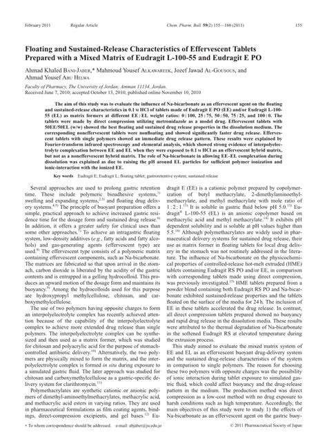 Pdf Floating And Sustained Release Characteristics Of Effervescent Tablets Prepared With A