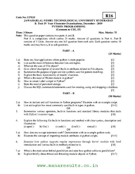 Python Programming Code No 137gd Jawaharlal Nehru Technological University Hyderabad B Tech